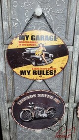 Závěsná žlutá kovová cedule My Garage My Rules - 25*20 cm