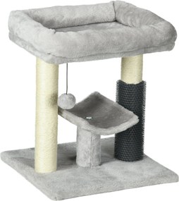 PawHut Škrábací strom pro kočky 48 cm s 2 škrabacími sloupy, platformou, U-tvarovaným lůžkem a zavěšeným míčkem