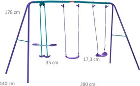 Outsunny Zahradní Houpačka z Kovového Rámu s Nastavitelnou Výškou pro Děti od 3 Let s Dvojitou Houpačkou pro Terasu 280x140x176 cm Modrá a Fialová