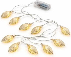 LED světýlka na baterie, kovové lístky, 1,8 m, teple bílá, 10 diod, čirý kabel, IP20 interiér, 2 × AA