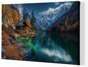 Obraz na plátně - Podzimní ráno v chatce u jezera FeelHappy.cz Velikost obrazu (šířka x výška): 210 x 140 cm