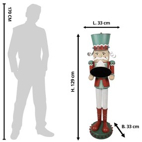 Červeno-modrá kovová dekorace socha Louskáček s cedulí - 33*33*129 cm