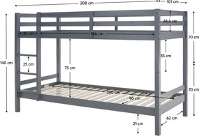 Patrová postel, 90x200, masivní dřevo, šedá, INEZA Kondela 0000396658