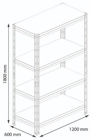 Bezšroubový kovový regál RIVET, 180x120x60 cm, 4x HDF police, zinek