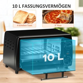 HOMCOM Mini trouba 10L 750W do 230°C s časovačem 60 min malá elektrická trouba včetně plechu a roštu 36,5x26x22 cm černá