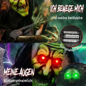 HOMCOM Animovaná halloween stolní čarodějnice se zvukem smíchu, svítícíma očima a zvukovou/touch aktivací