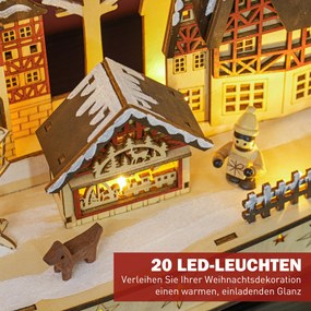 HOMCOM Vánoční vesnička v zimní říši divů, 20 LED světýlek, vrstvená, přírodní dřevo, 45 x 12 x 30 cm