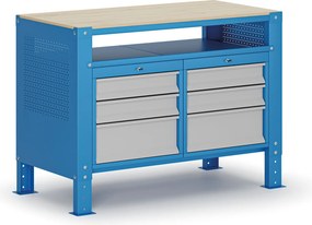 Dílenský stůl G9, 1 police, 6 zásuvek, výškově stavitelný, 1180 x 595 x 715-975 mm, šedá/modrá