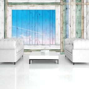 Fototapeta - Dřevěná prkna - modré okno (152,5x104 cm)
