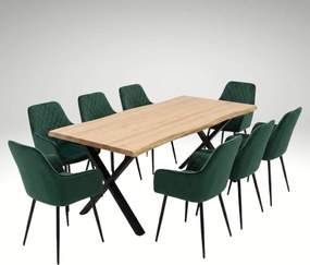 Vikio Jídelní set pro 8 osob 180x90 cm soft dub noha X zelená židle s područkami VJS228-8Z