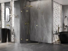Mexen Lunar, Pětiúhelníkový sprchový kout Mexen Lunar naklápěcí doleva 100 x 100 cm, 8mm čiré sklo, zlatý profil, 831-100L-100P-50-00-L