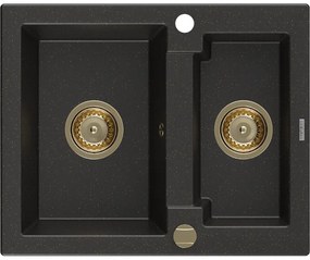 Mexen Carlos, granitový dřez 582x475x177 mm, 1,5-komorový, černá-zlatá metalíza se zlatým sifonem, 6518581500-75-G