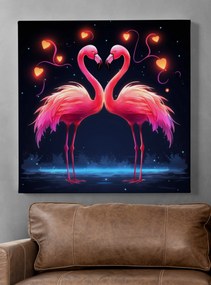 Obraz na plátně - Plameňáci, zamilovaný růžový pár se svítícími srdci FeelHappy.cz Velikost obrazu: 40 x 40 cm