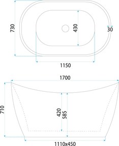 Volně stojící akrylátová vana REA ATENA 170x73 cm bílý, sifon Click-Clack - kartáčovaná měď