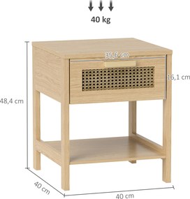 HOMCOM Noční stolky s šuplíkem, policí a designem z ratanu pro ložnici a obývací pokoj, přírodní 40 cm x 49 cm