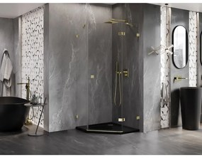 Mexen Lunar, pětiúhelníkový sprchový kout naklápěcí vpravo 80 x 80 cm, 8mm čiré sklo, zlatý profil, 831-080P-080L-50-00-P