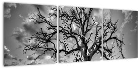 Obraz - Černobílý strom (s hodinami) (90x30 cm)