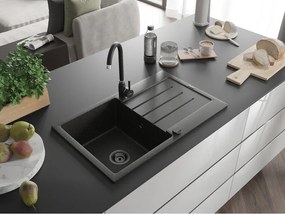 Mexen Bruno, granitový dřez 795x495x200 mm, 1-komorový, černá se zlatou metalízou a černým sifonem, 6513791010-75-B