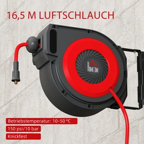 Hadicový naviják s výsuvným mechanismem, 16,5 m hadice, nástěnný, červený+černý