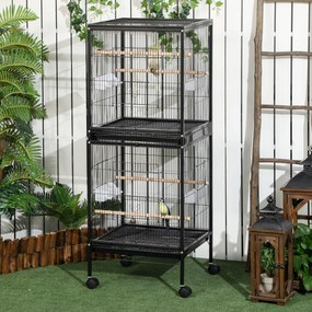 Ptačí klec PawHut na kolečkách Velká dvoupatrová voliéra s vyjímatelnými zásobníky, krmítky a bidly pro kanáry aandnbsp;and budgie 51.5x50x140 cm Čer…