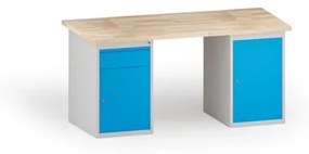 Dílenský stůl KOVONA, 1 závěsná skříňka a 1 skříňka se zásuvkou na nářadí, buková spárovka, 1700 mm