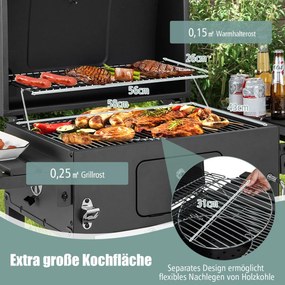 Costway Gril na dřevěné uhlí s víkem a 2 sklopnými bočními stolky a 8 háčky