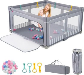 Costway Skládací dětská ohrádka 150 × 150 cm s 50 míčky, světle šedá