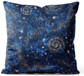 Dekorační velurový polštář Hvězdná obloha - abstraktní modrý motiv s zlatými akcenty welurowá