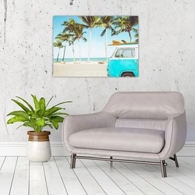 Skleněný obraz - Vintage dodávka na pláži (70x50 cm)