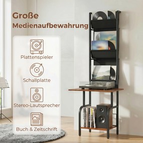 HOMCOM regál na CD/DVD/Blu-ray s 3 textilními kapsami a odkládacím stolkem — industriální, rustikální hnědá/černá (50 x 48,5 x 144 cm)