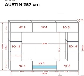 Ral Obývací stěna AUSTIN 2, 257 cm - Bílý lesk