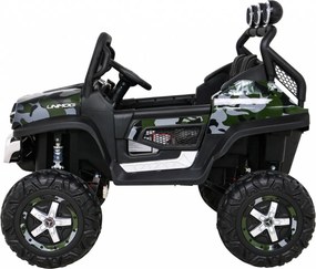 Ramiz Mercedes Benz Unimog elektrické autíčko pro děti maskáčové lakované + pohon 4x4 + dálkové ovládání + nosič zavazadel + pomalý start + MP3 + LED