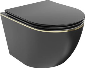 Mexen Lena, závěsná toaletní mísa 480x360x355 mm s pomalu padajícím sedátkem, černá matná - zlatý okraj, 30224075