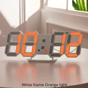 3D LED nástěnné nebo stolní digitální hodiny Barva: Oranžová, Varianta: bílý rámeček