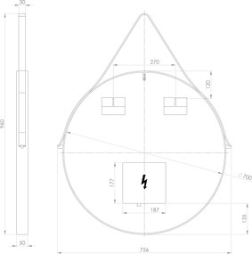 Sapho Sapho, ORBITER kulaté zrcadlo s LED osvětlením, kožený popruh, ø 70cm, černá mat, ORL070