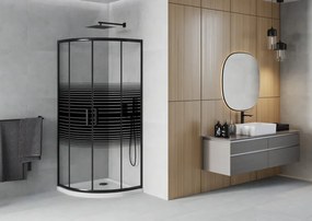 Mexen Rio, čtvrtkruhový sprchový kout s posuvnými dveřmi 90 (dveře) x 90 (dveře) x 190 cm, 5mm čiré sklo s pásky, černý profil + bílá sprchová vanička Slim, 863-090-090-70-20-411