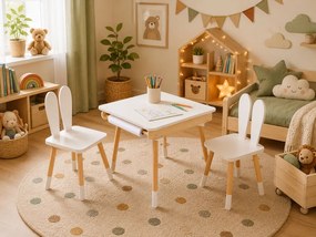 Dětská rostoucí sada BUNNY, stolek a 2 židle, bílá/hnědá ELIS design