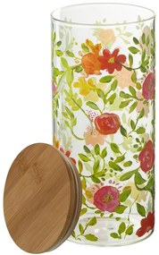Skleněná dóza na potraviny s dřevěným víčkem a květy  Floral glass - Ø10*23cm / 1400ml