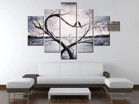 Gario Ručně malovaný obraz Ptačí láska na větvi - 5 dílný Rozměry: 150 x 105 cm