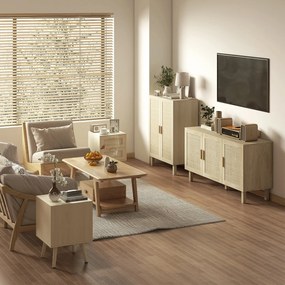 HOMCOM Set 2 Nočních Stolků, Boční Stoly, 2 Zásuvky s Ratanovými Předními Stranami, Boho Styl, Noční Stolky, Nohy z Přírodního Borového Dřeva | Aosom