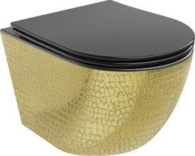 Mexen Lena WC mísa Rimless s pomalu sklopnou slim sedátkem, duroplast, černá matná/zlatý vzor šupin - 30224078