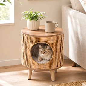 Costway Domeček pro kočky s ratanovým rámem, prodyšnou boční stěnou