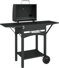 Outsunny gril na dřevěné uhlí s poklopem — BBQ vozík s 2 bočními stolky, velká grilovací plocha, teploměr a kolečka, 110 x 46,5 x 101 cm (černý)