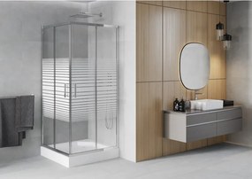 Mexen Rio, čtvercový sprchový kout s posuvnými dveřmi 90 x 90 cm, 5mm čiré sklo/pásy, chromový profil + bílá vysoká sprchová vanička Rio, 860-090-090-01-20-4510