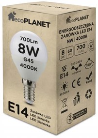 ecoPLANET LED žárovka E14 - G45 - 8W - 700lm - neutrální bílá