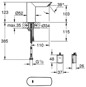 Grohe Bau Cosmopolitan E - Infračervená elektronická umyvadlová baterie DN 15 bez směšování, chrom 36452000