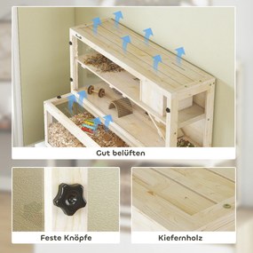 PawHut dřevěná klec pro křečky, 100 × 50 × 84 cm – 3patrový domek pro malé hlodavce s okénkem, běhacím kolem, rampou a domečkem – přírodní dřevo