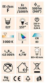 žárovka LED mini, 5W, 410lm, E27, teplá bílá