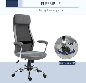 Vinsetto Ergonomická otočná kancelářská židle, nastavitelná výška a funkce houpání, síťovina, 65x67x119-129cm, Šedá