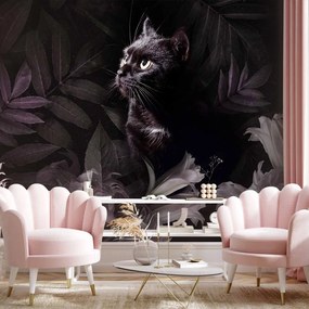Fototapeta Motiv zvířat - černá kočka s květy a listy v stonovaných barvách